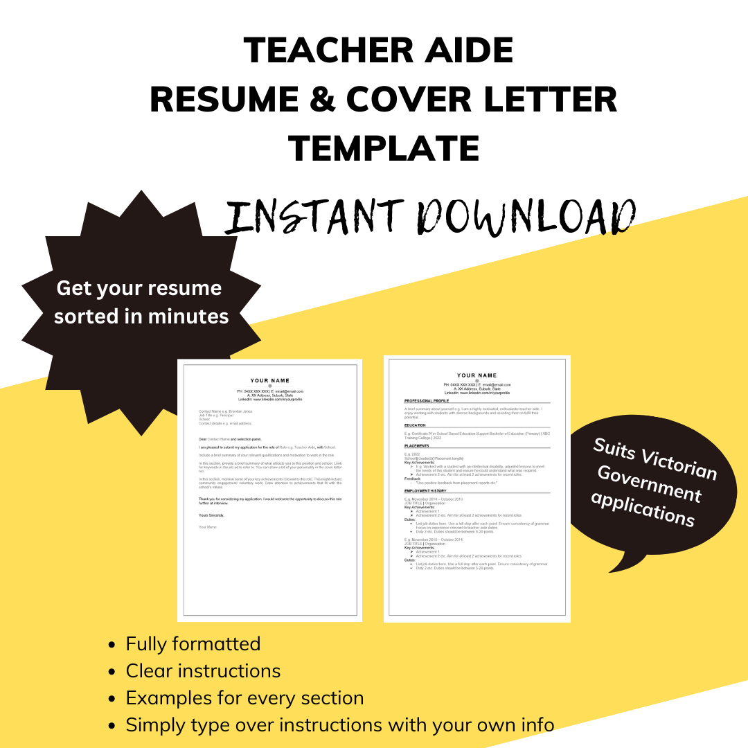 Teacher Aide Resume & Cover Letter Template | Resumes To Impress